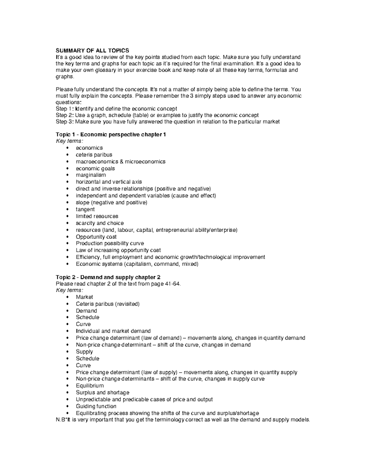 Summary - all the topics - SUMMARY OF ALL TOPICS a good idea to review ...