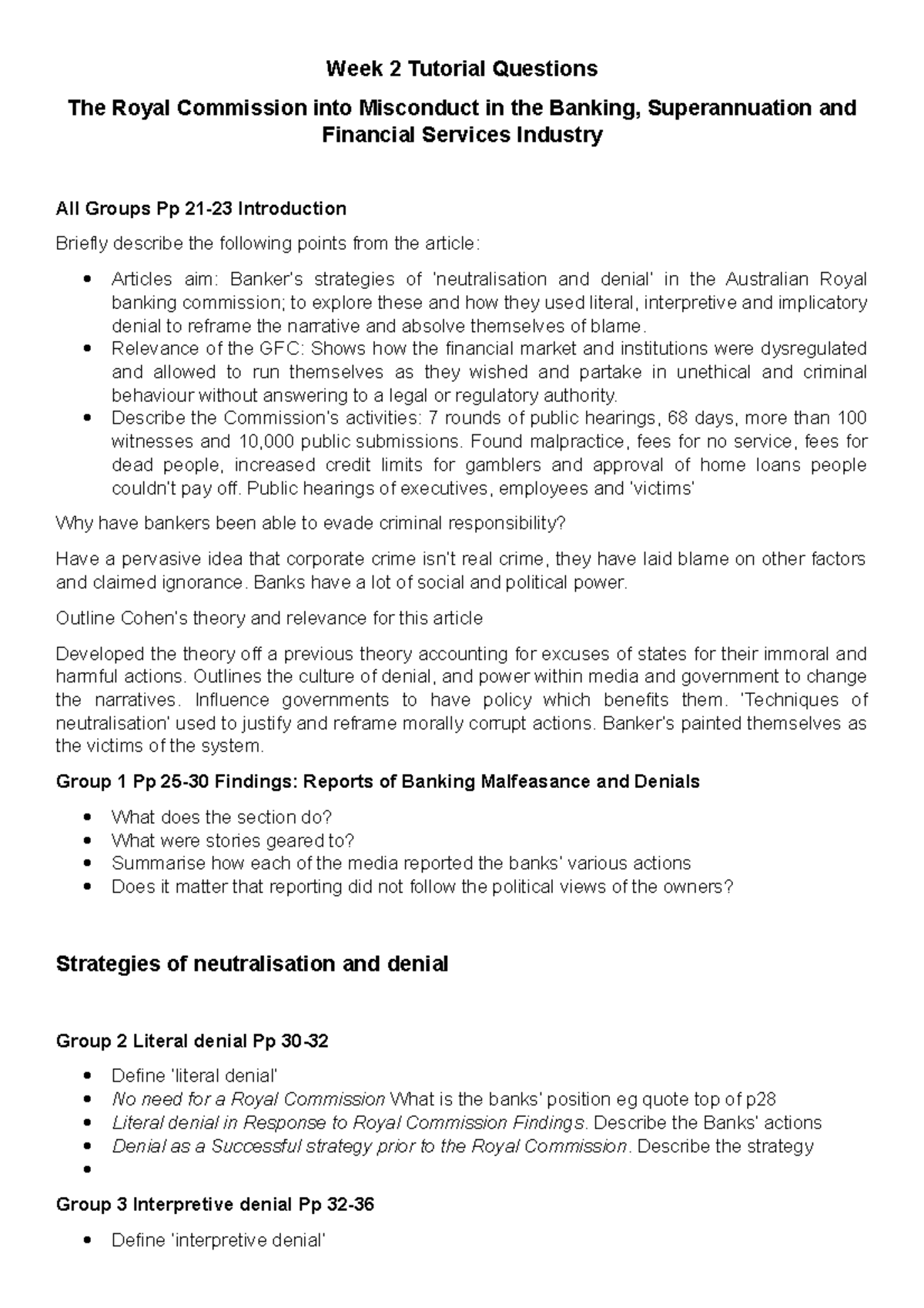 Tutorial questions - dfhf e udhs - Week 2 Tutorial Questions The Royal Commission into ...