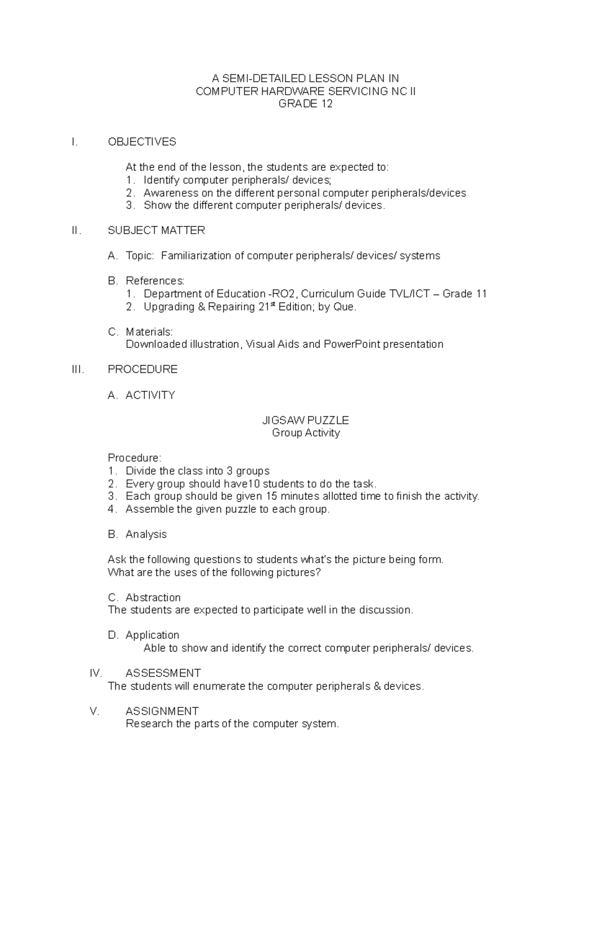 A SEMI Detailed Lesson PLAN IN Computer - A SEMI-DETAILED LESSON PLAN ...