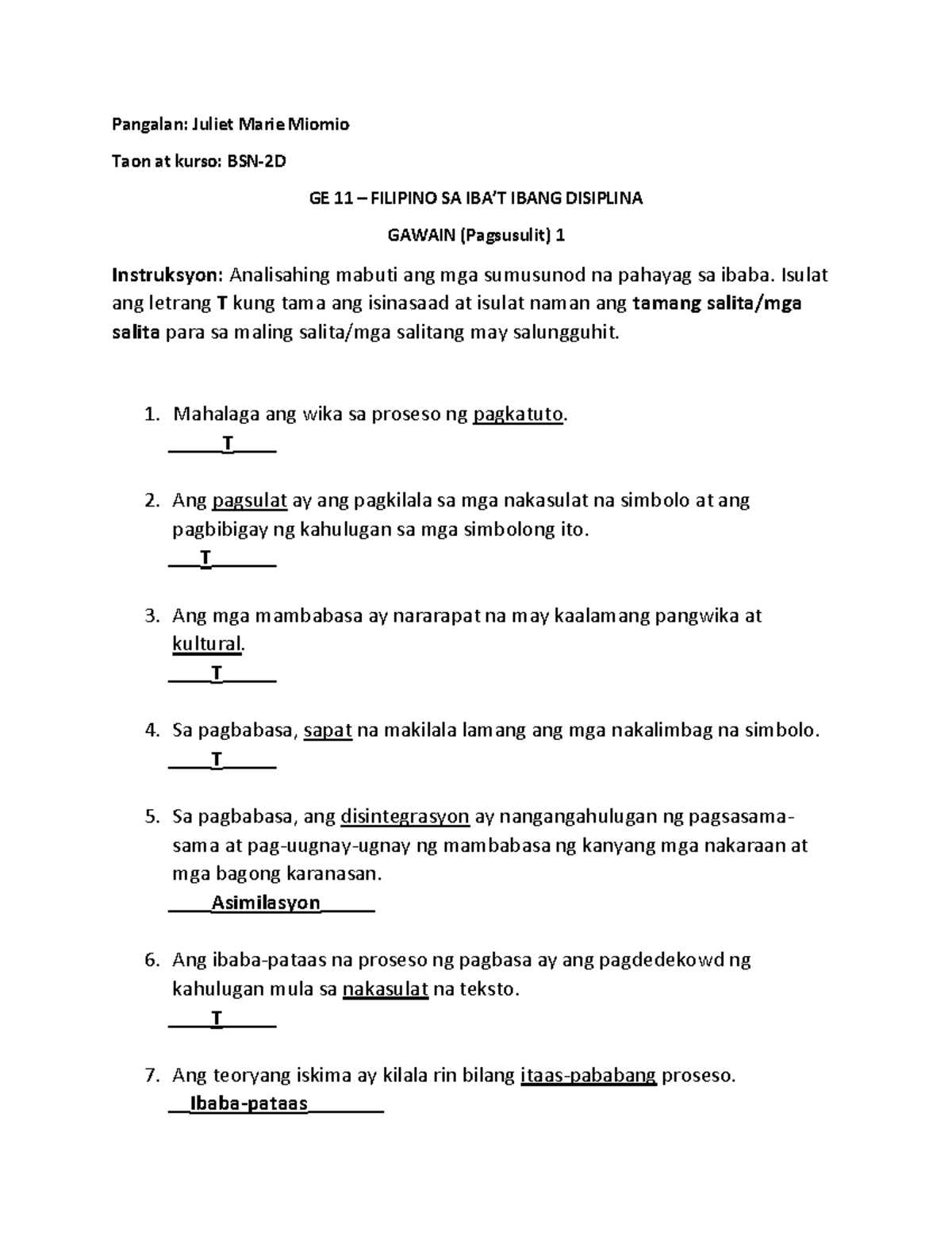 GE 11 - Pagsusulit 1 - Pangalan: Juliet Marie Miomio Taon at kurso: BSN ...