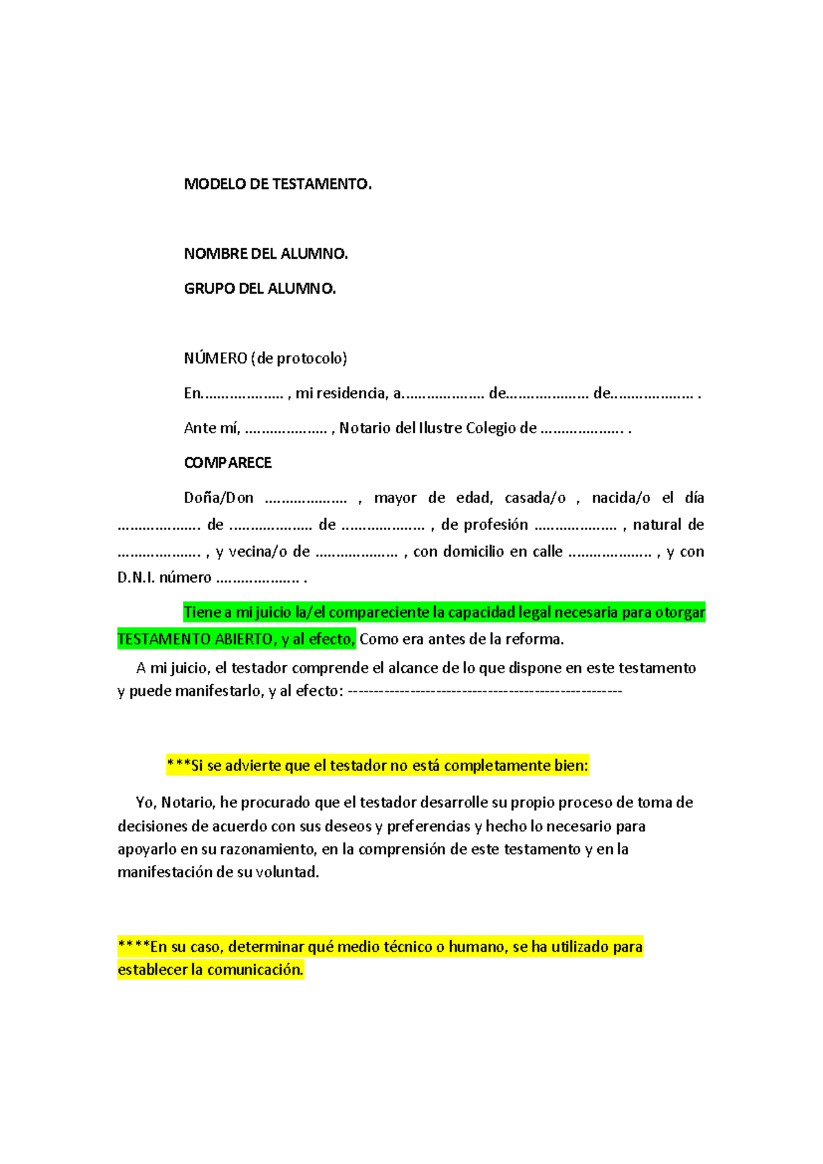 Modelo de Testamento.docx Aula invertida - MODELO DE TESTAMENTO. NOMBRE ...