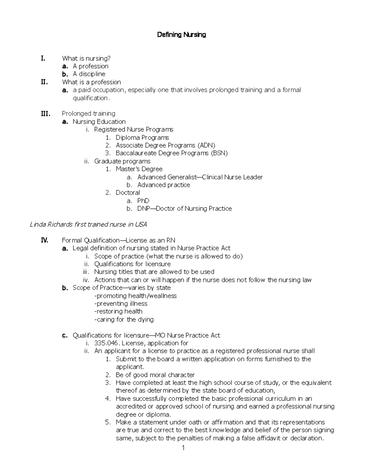 Defining Nursing What Is Nursing A A Profession B A Discipline II