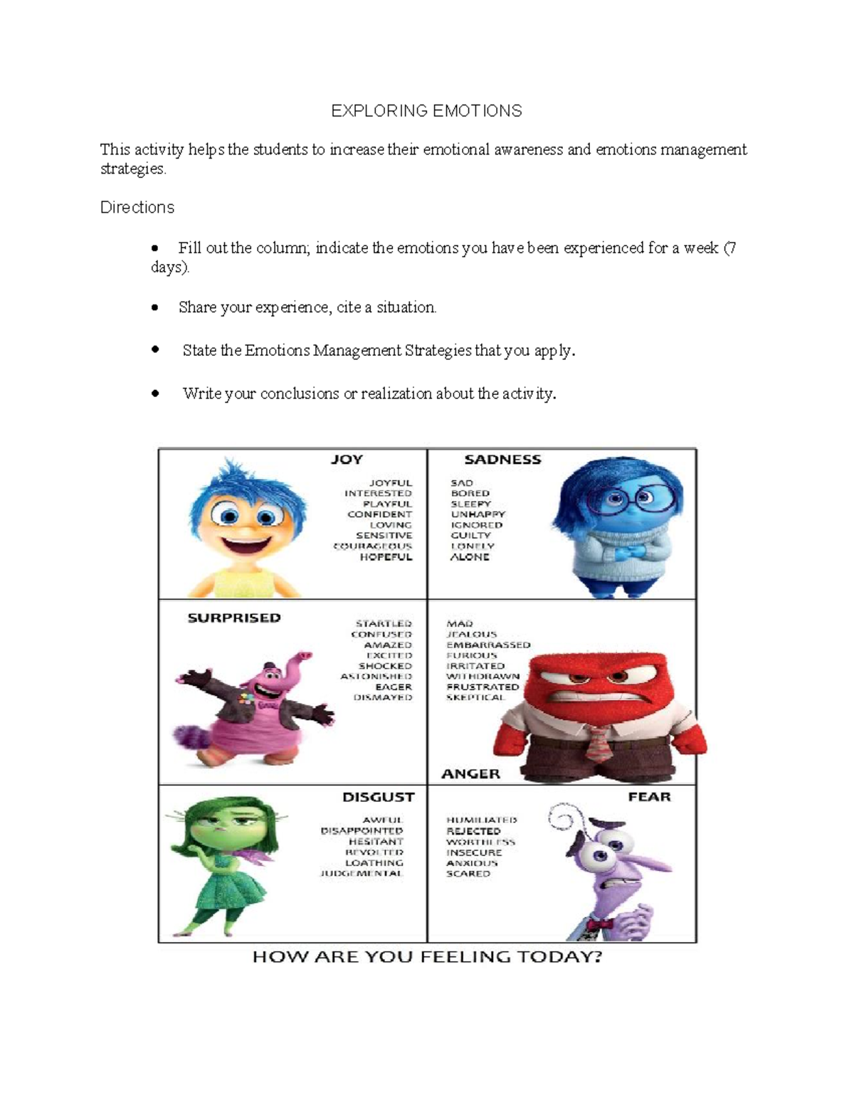 Dec 2 - ESSAY - EXPLORING EMOTIONS This activity helps the students to ...
