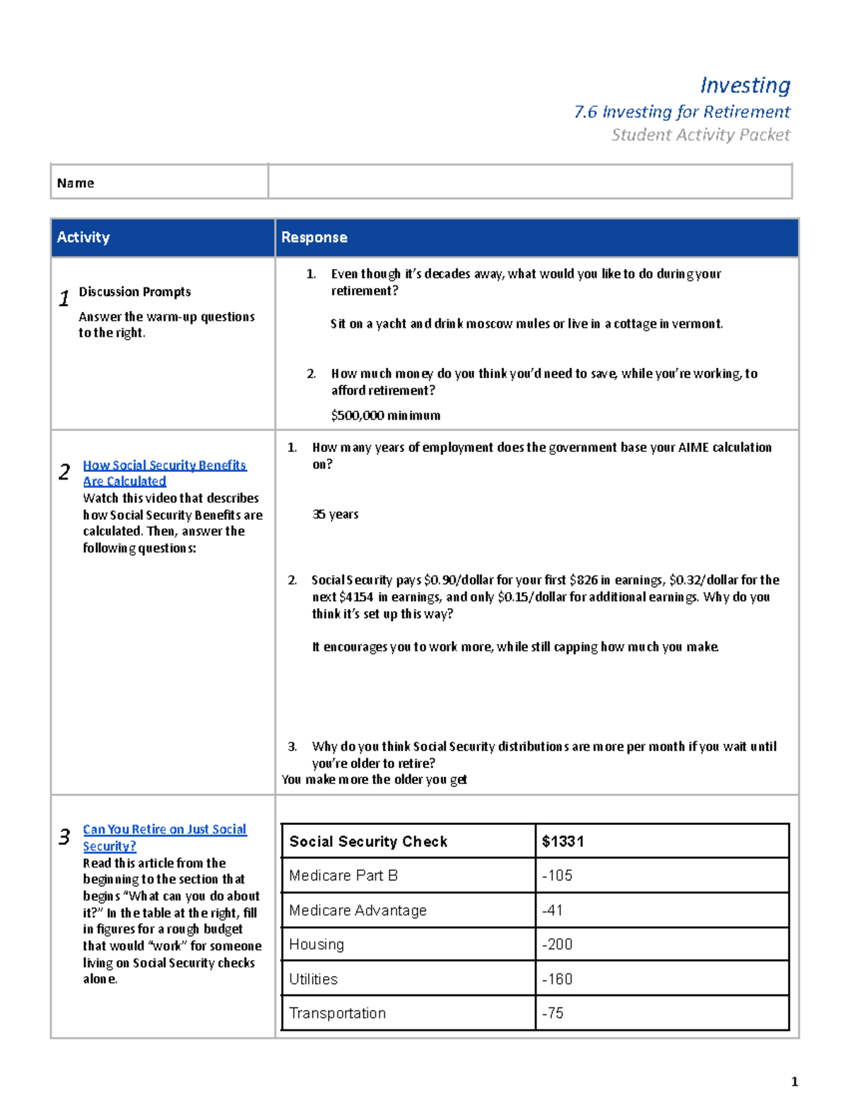 Copy of PF7 Retirement Activity Packet 7 - Investing 7 Investing for ...