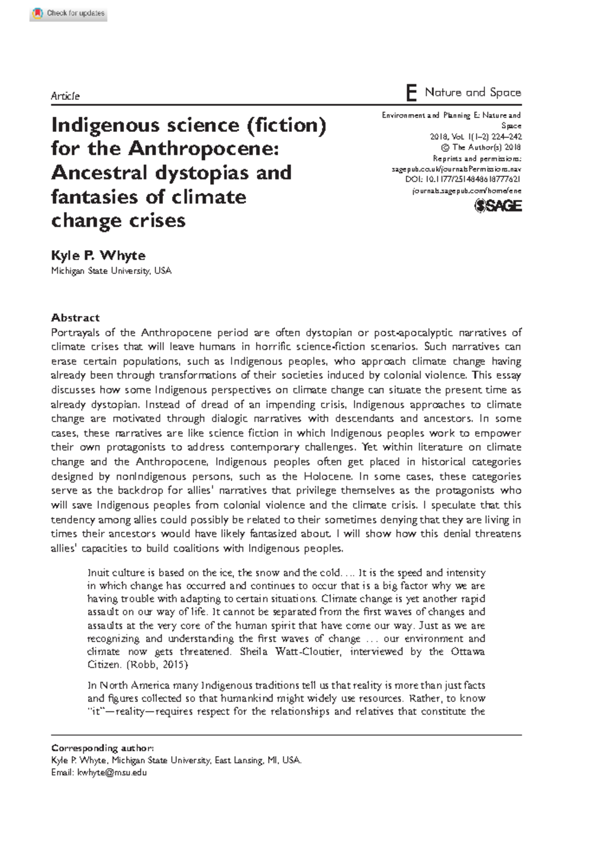 Whyte - Article - Article Nature and Space Indigenous science (fiction ...