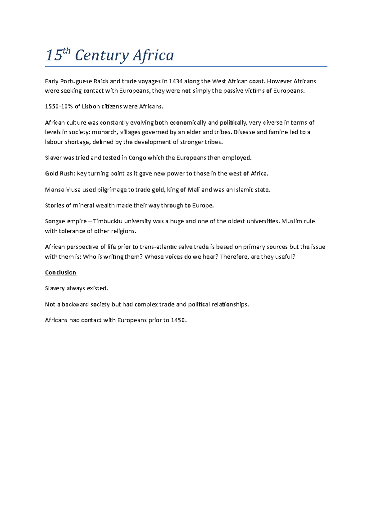 15th Century Africa - Lecture Notes on an introduction to the module ...