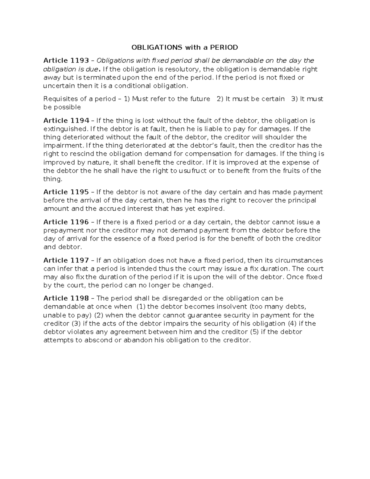 Obli Con Article 1193-1222 - OBLIGATIONS with a PERIOD Article 1193 ...