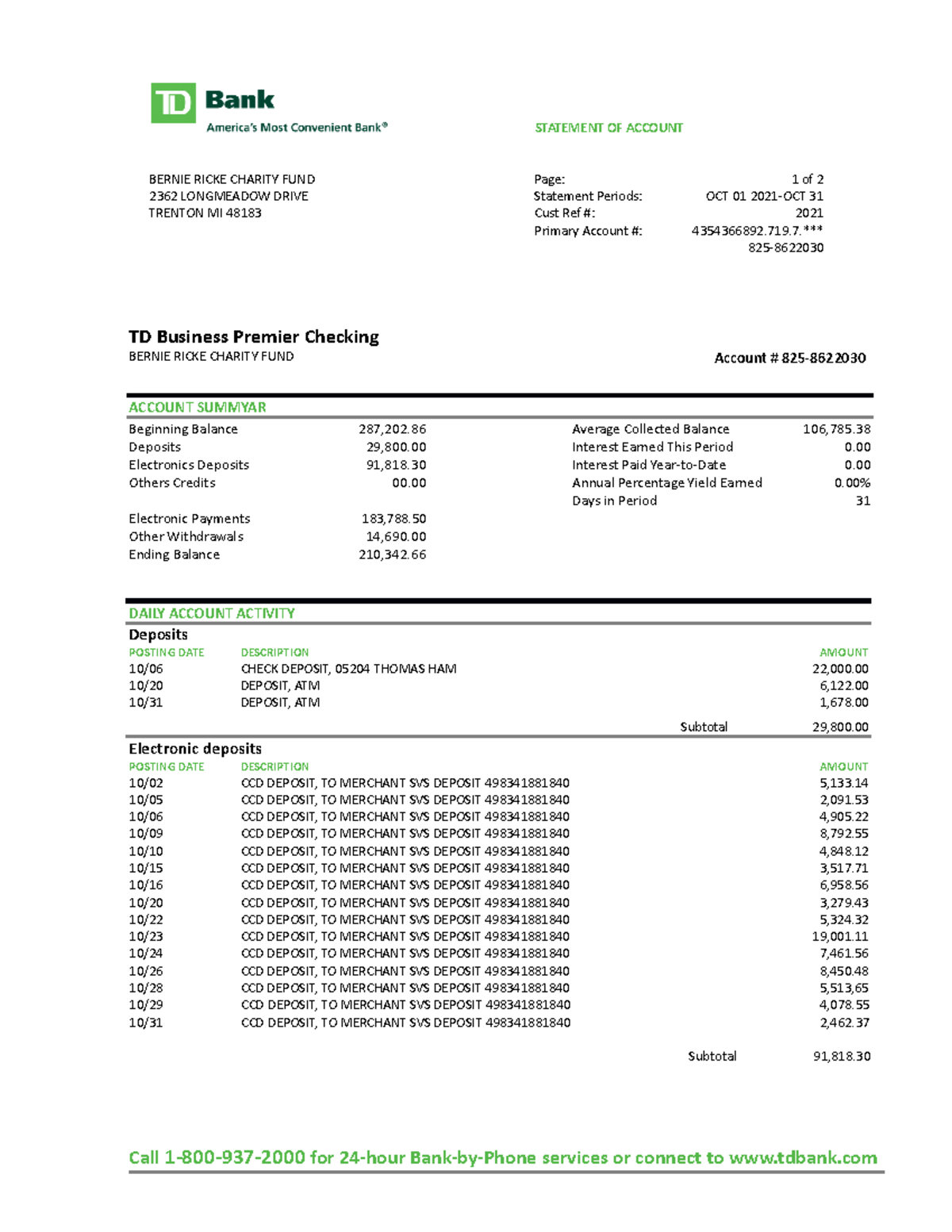 TD Bank Statement - 2 - STATEMENT OF ACCOUNT BERNIE RICKE CHARITY FUND ...