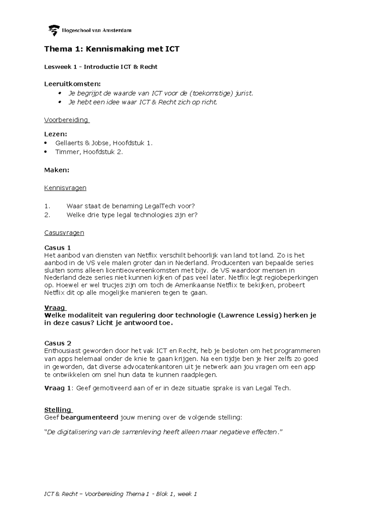 Lesweek 1 Introductie ICT en Recht - Thema 1: Kennismaking met ICT Lesweek 1 - Introductie ICT ...