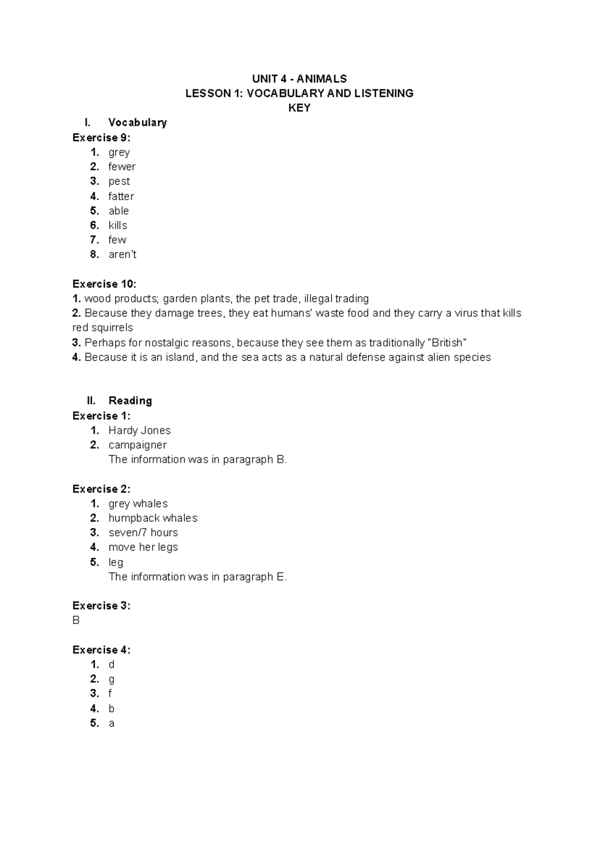 KEY U4 Vocab + Reading - ergfefwxew - UNIT 4 - ANIMALS LESSON 1 ...