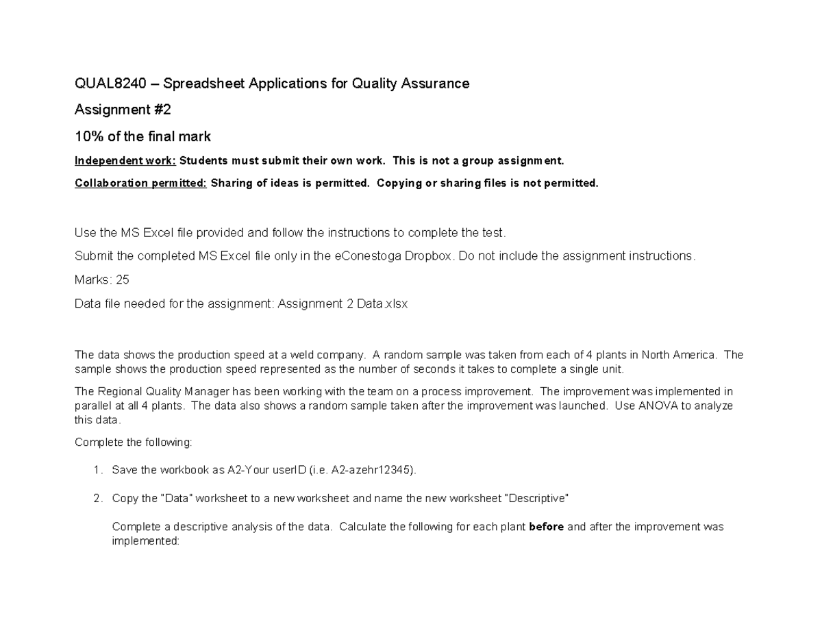 Assignment 2 Instructions - QUAL8240 – Spreadsheet Applications for ...