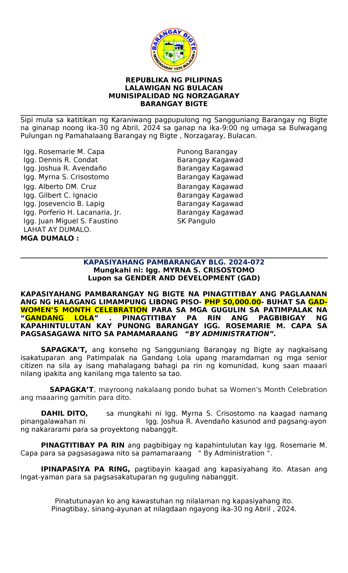 Reso 2024-072 womens month gandang lola fun run - REPUBLIKA NG ...