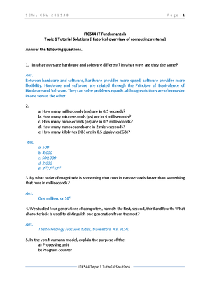 Topic 3 Tutorial part 1 Solutions - ITC161/ 544 Computer Systems ...