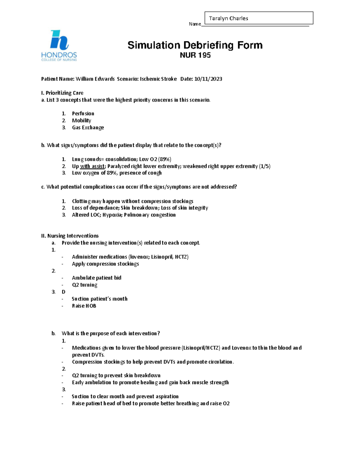 NUR 195 Debreifing CVA - n/a - Name ...