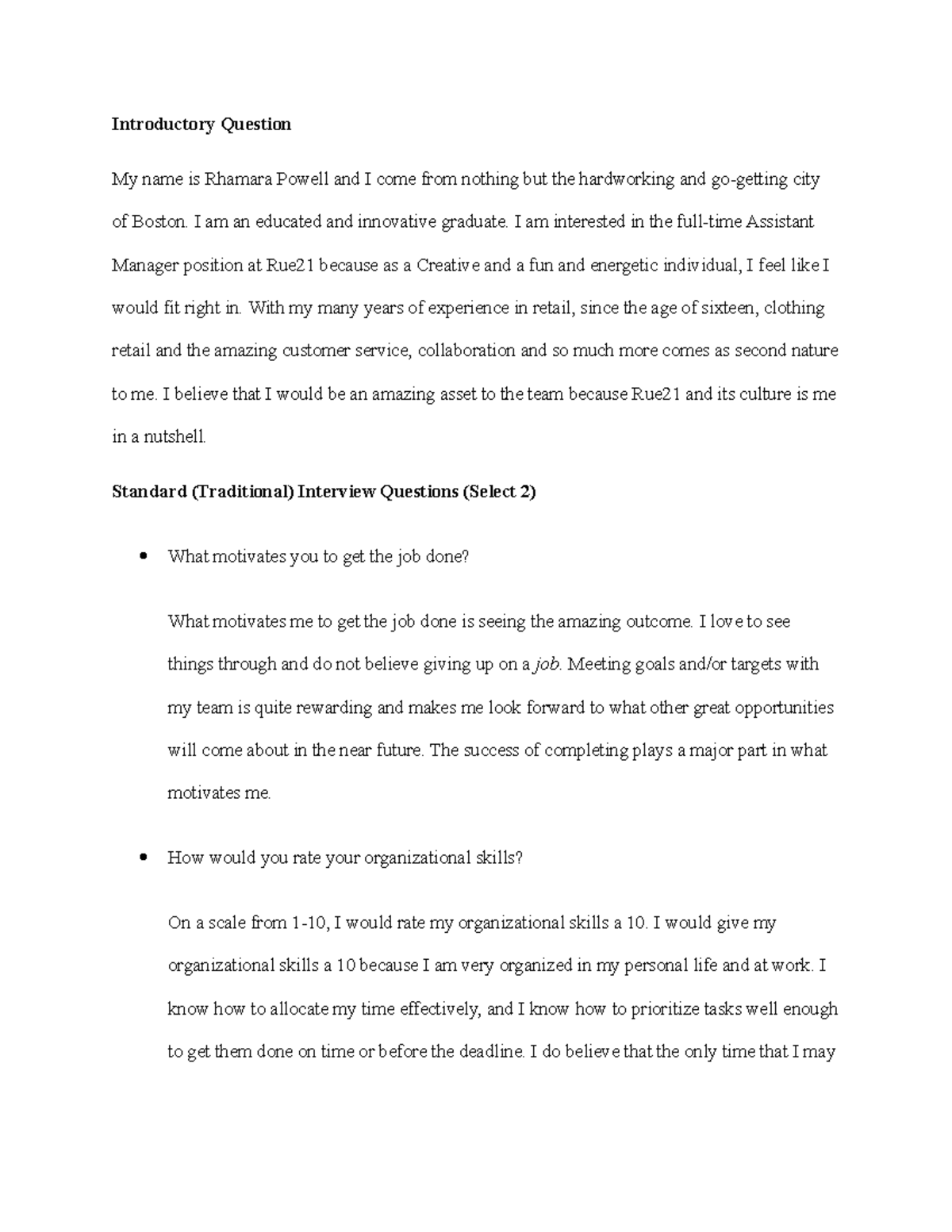 Interview Powell - Introductory Question My name is Rhamara Powell and ...