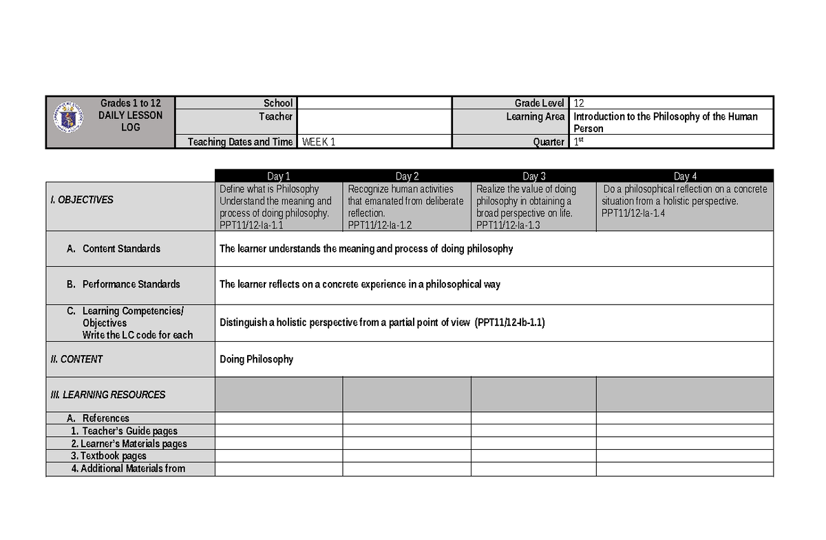 PPT Week a - Doing Philosophy - Grades 1 to 12 DAILY LESSON LOG School ...