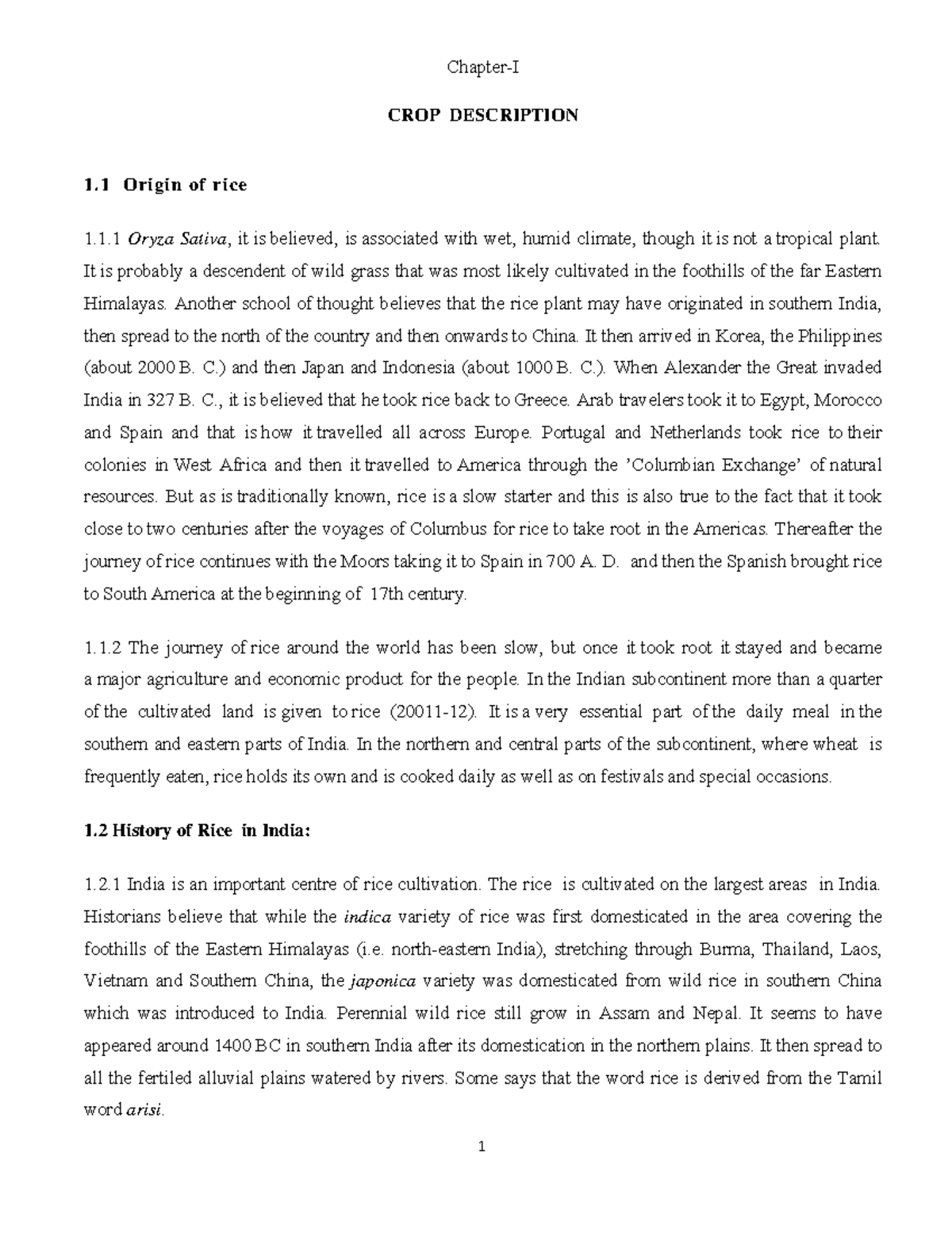 Rice - Lecture notes 9 - Chapter-I CROP DESCRIPTION 1 Origin of rice 1. ...