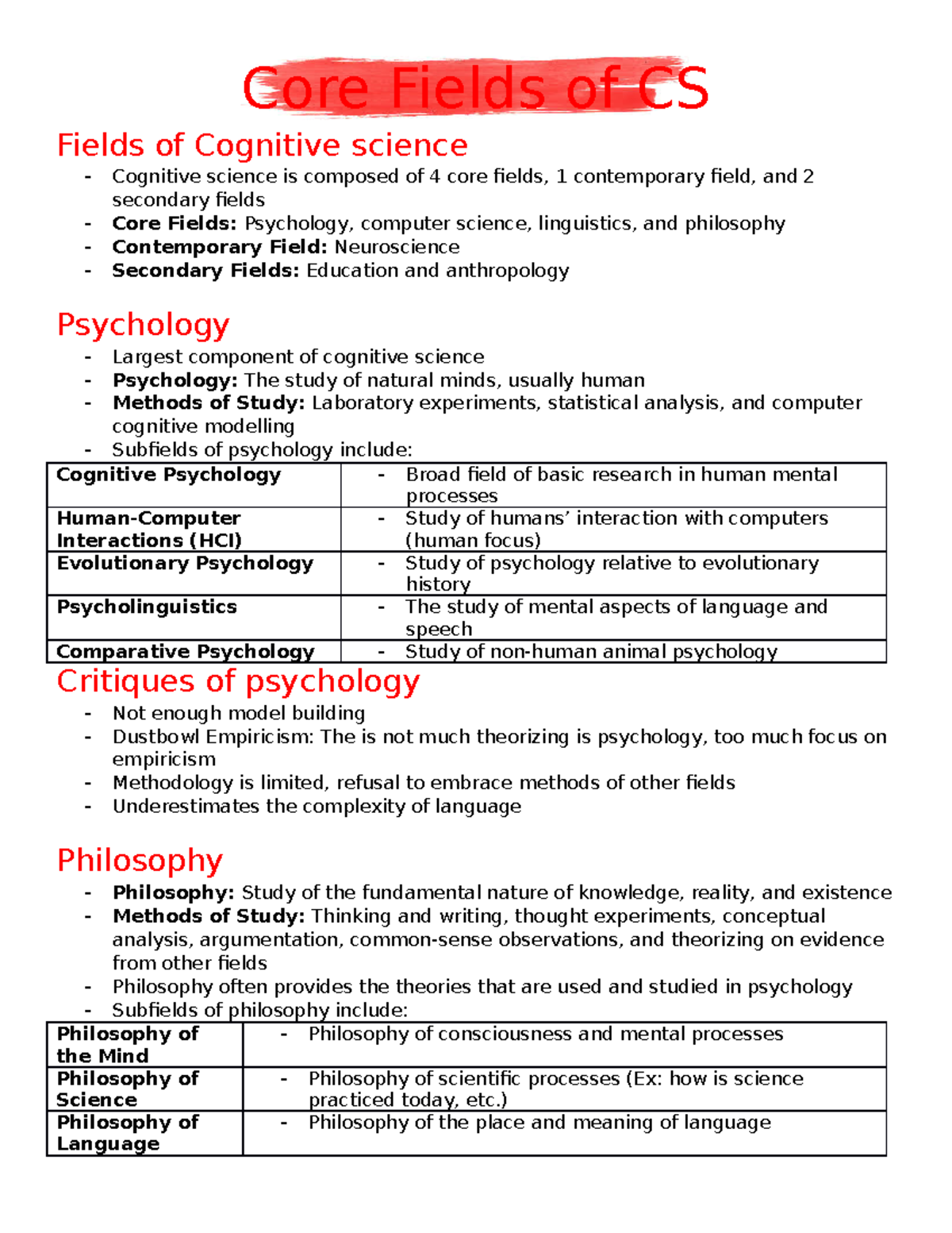 Fields of Cognitive Science - Notes - Core Fields of CS Fields of ...