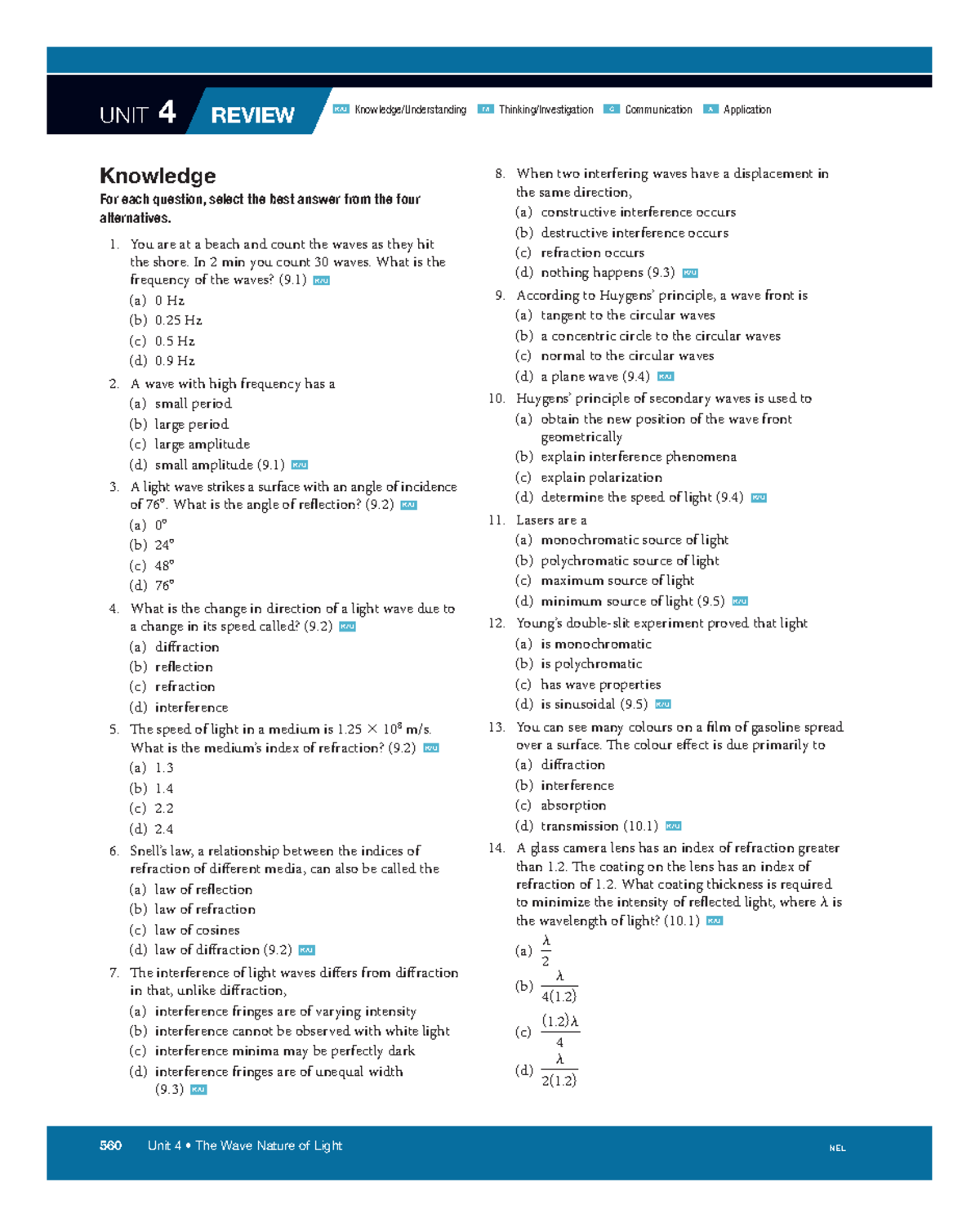 Light Review - UNIT 4 REViEW knowledge For each question, select the ...