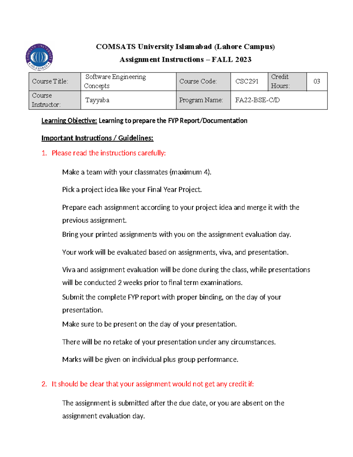 Instructions for assignments - COMSATS University Islamabad (Lahore Campus) Assignment ...