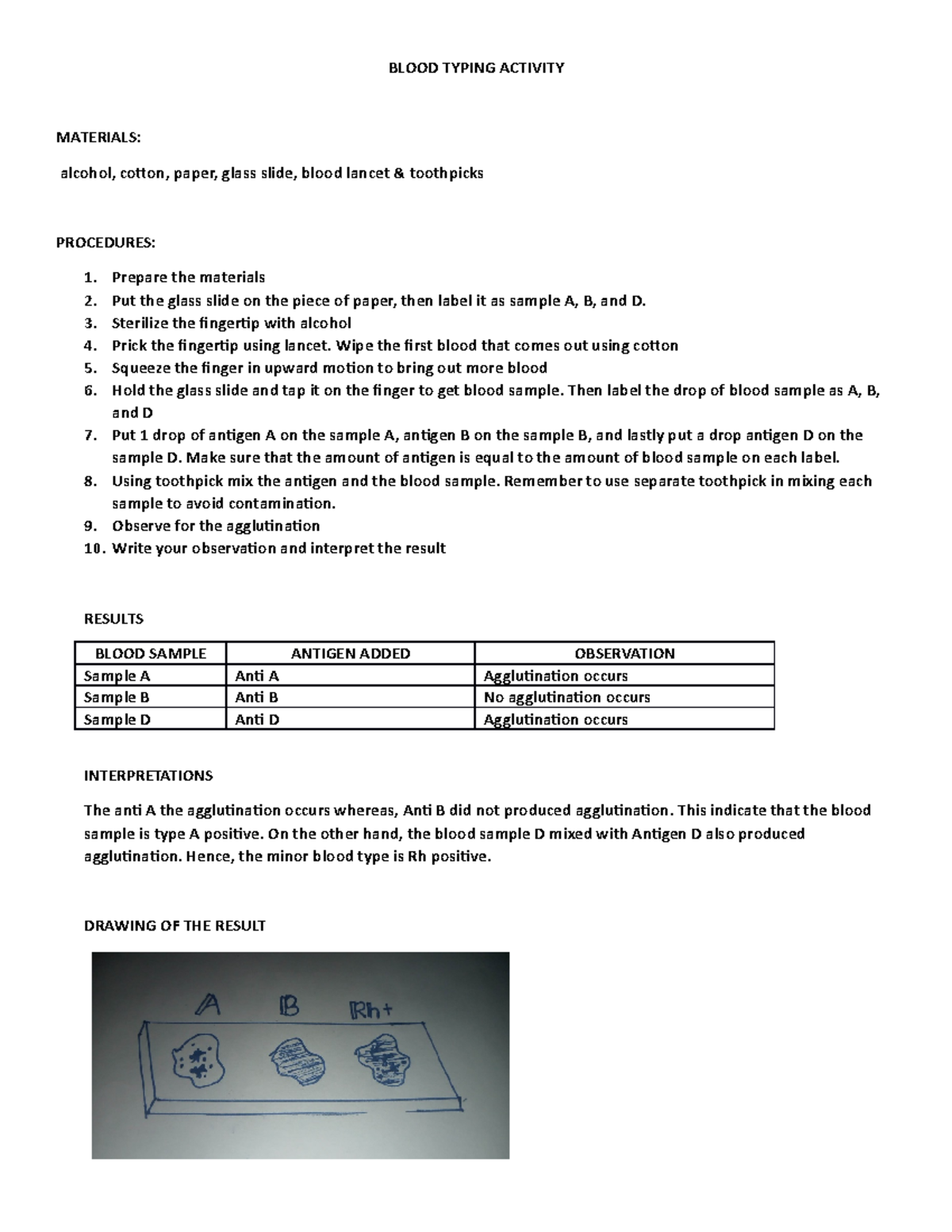 Blood Typing Activity - BLOOD TYPING ACTIVITY MATERIALS: alcohol ...