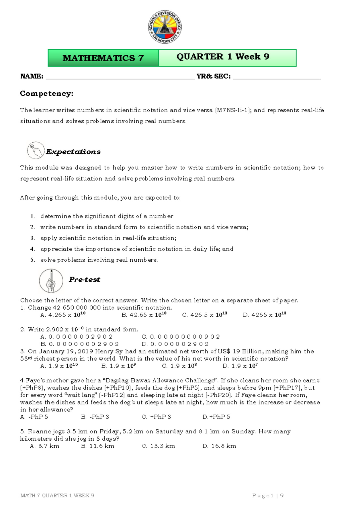 Math 7 Q1 Week 9 - The learner writes numbers in scientific notation ...