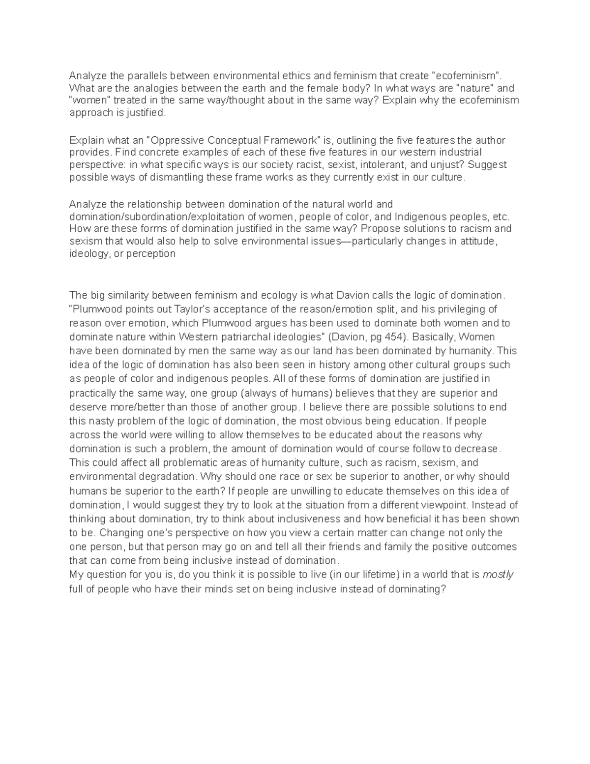Phil 340 Ecofeminism Forum Analyze The Parallels Between