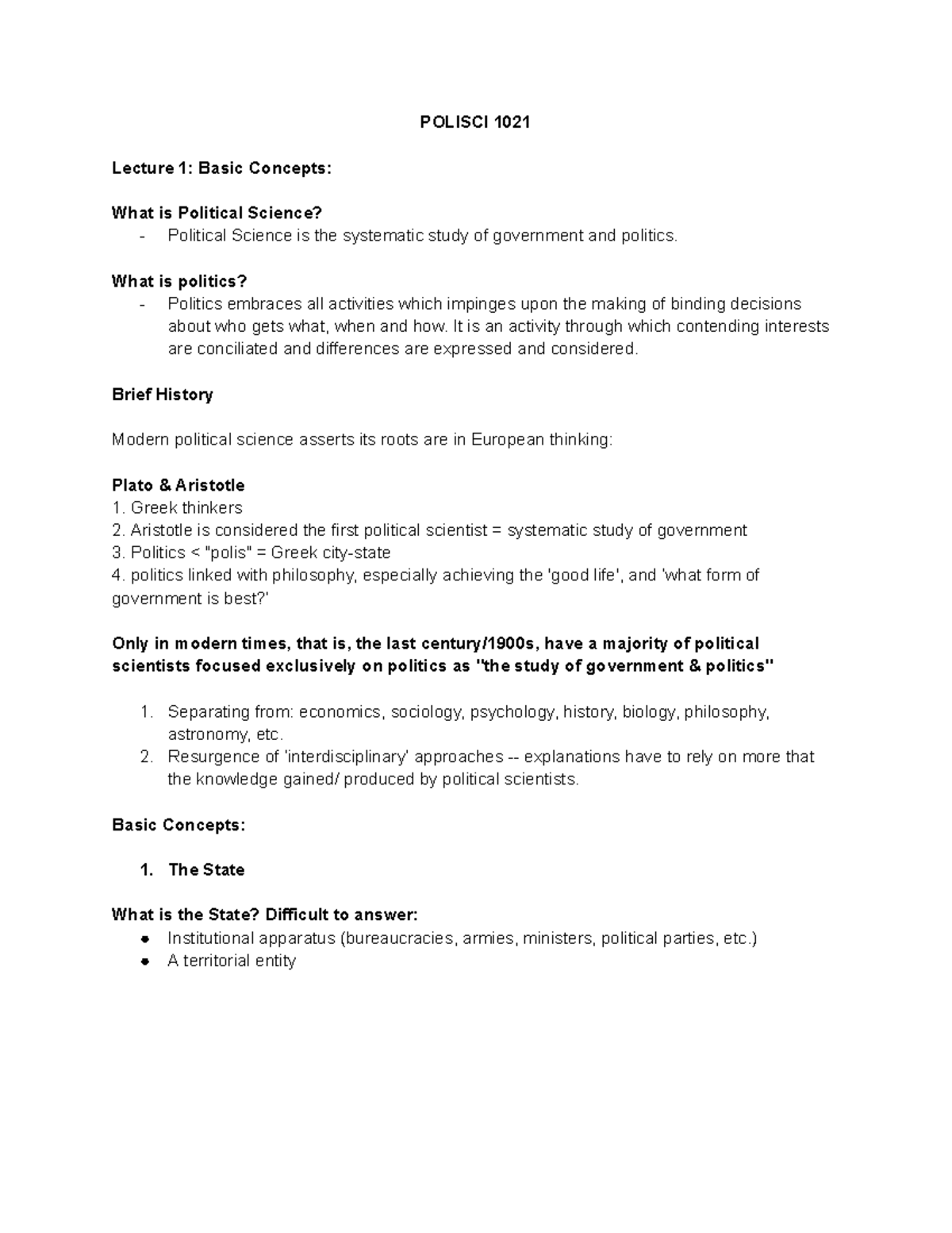 Politics Notes - lectures 1 and 2 - POLISCI 1021 Lecture 1: Basic ...