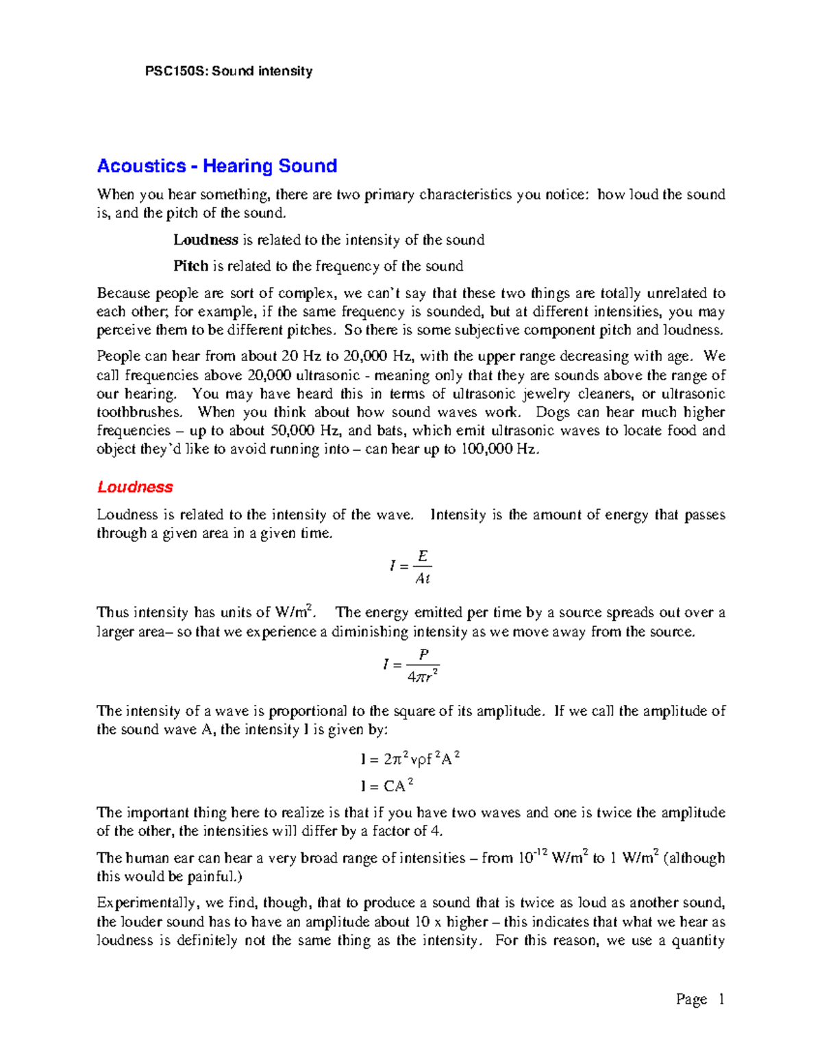 Worksheet - PHYSICS 151 – Notes for Online Lecture Acoustics - Hearing ...
