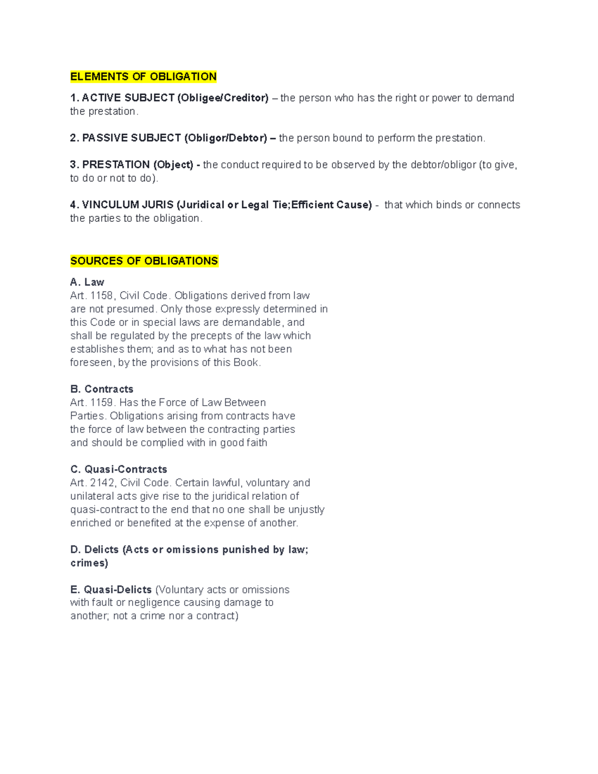 Oblicon Notes - ELEMENTS OF OBLIGATION 1. ACTIVE SUBJECT (Obligee ...