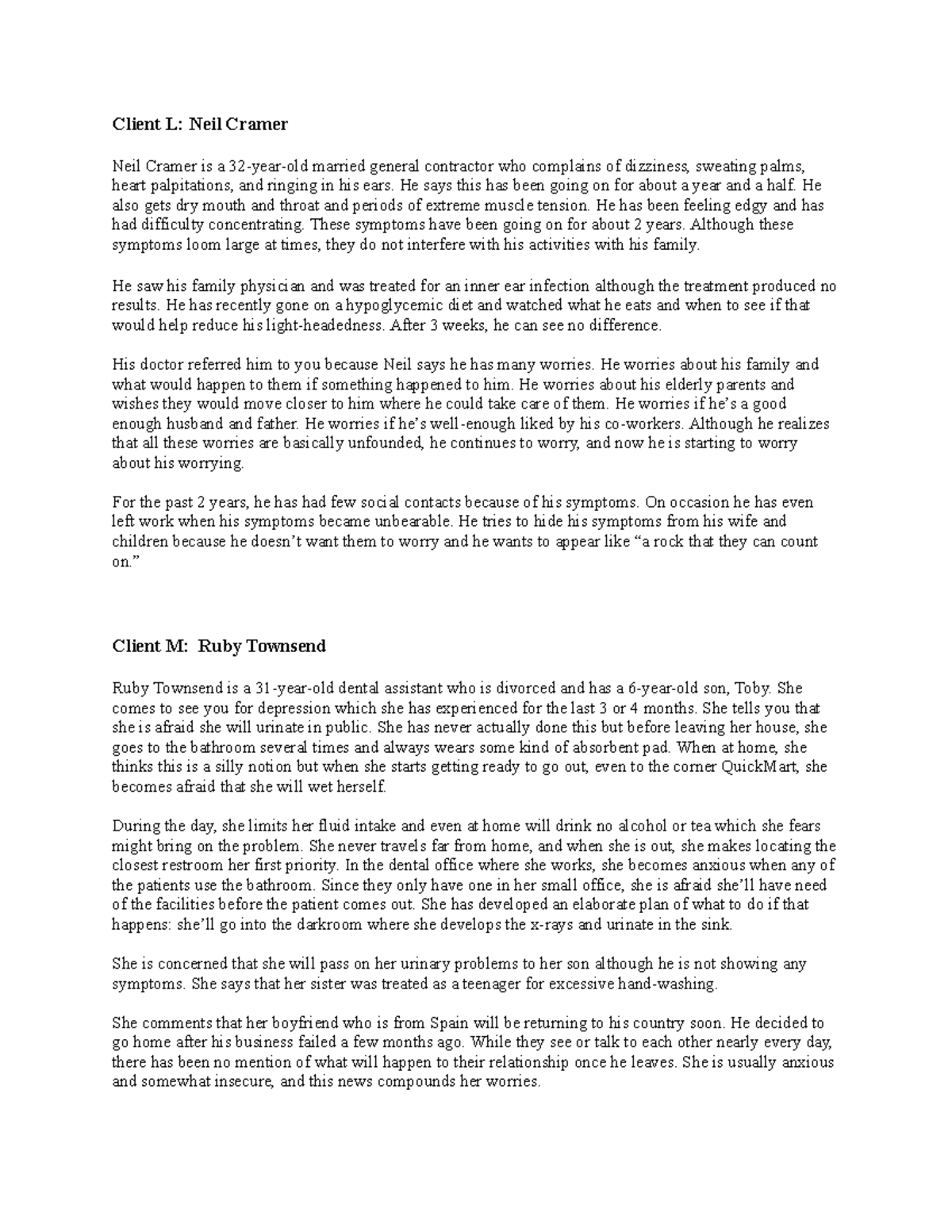 Anxiety:ocd vin - outline study guide - Client L: Neil Cramer Neil ...