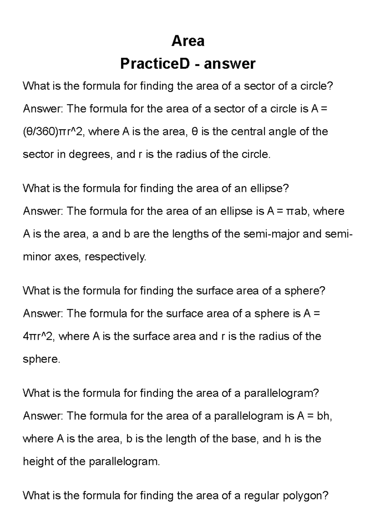Area Practice D - answer - Area PracticeD - answer What is the formula ...