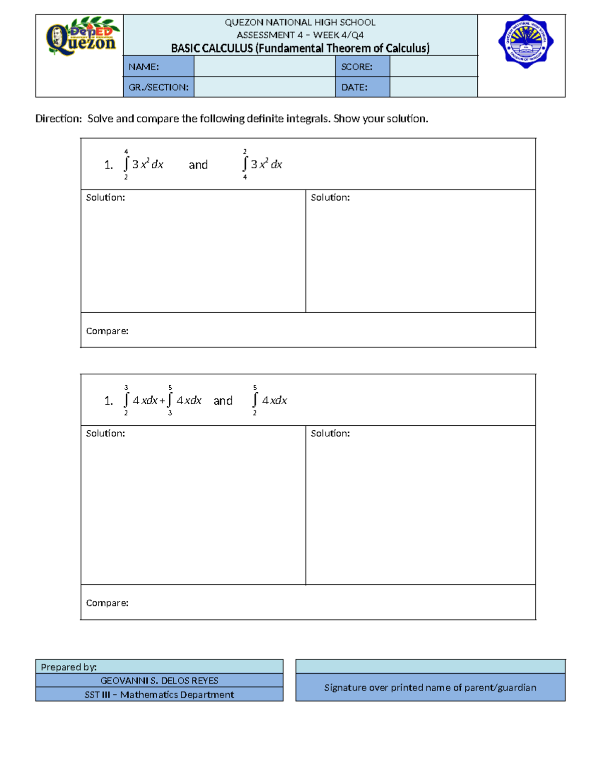 Assessment 4 Wk 4 Fundamental Theorem of Calculus - QUEZON NATIONAL ...