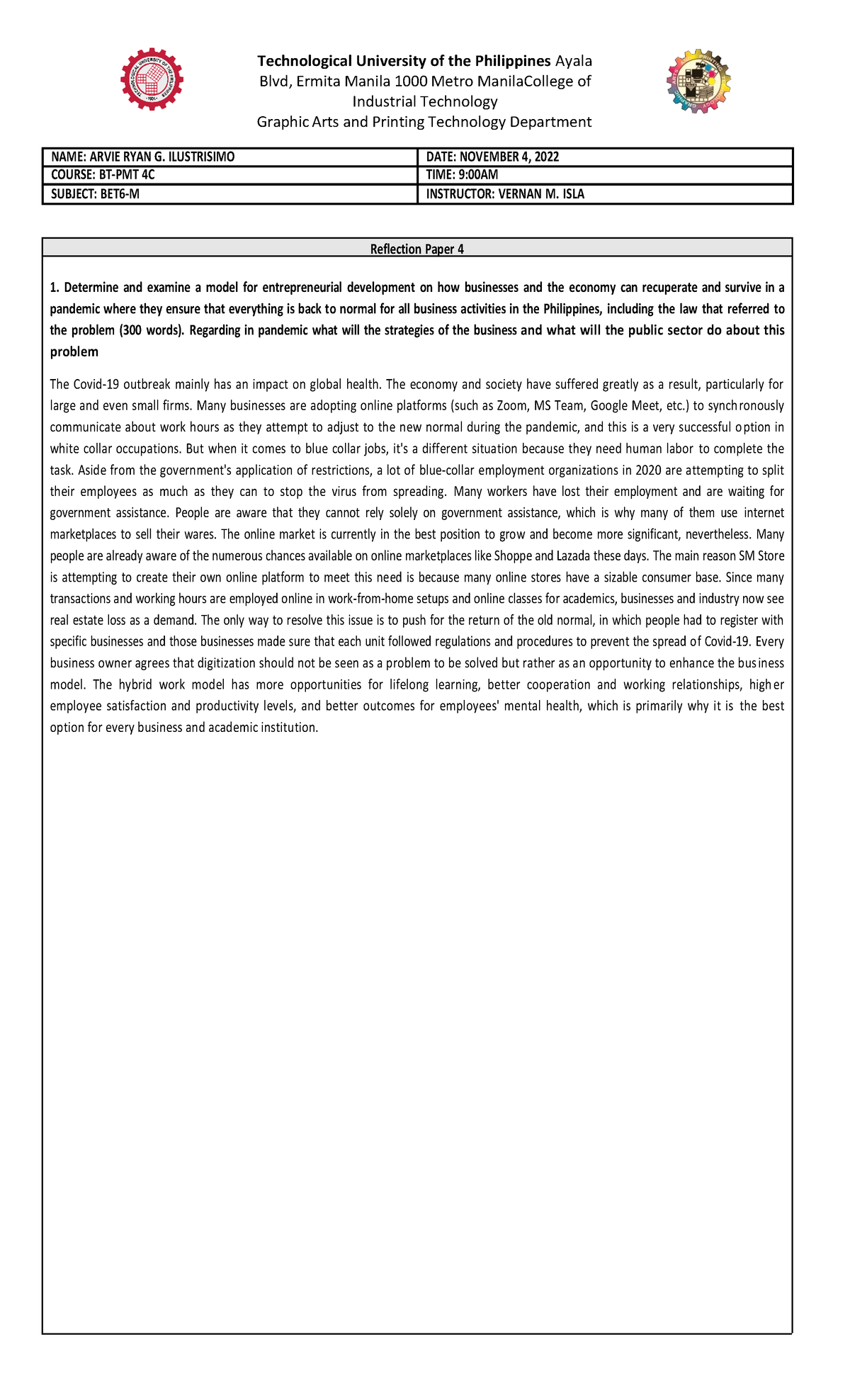 Technopreneurship - Reflection Paper 4 Ilustrisimo - Technological ...