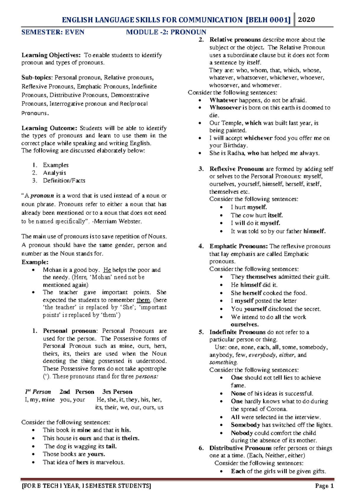 Pronoun - N/A - ENGLISH LANGUAGE SKILLS FOR COMMUNICATION [BELH 0001 ...