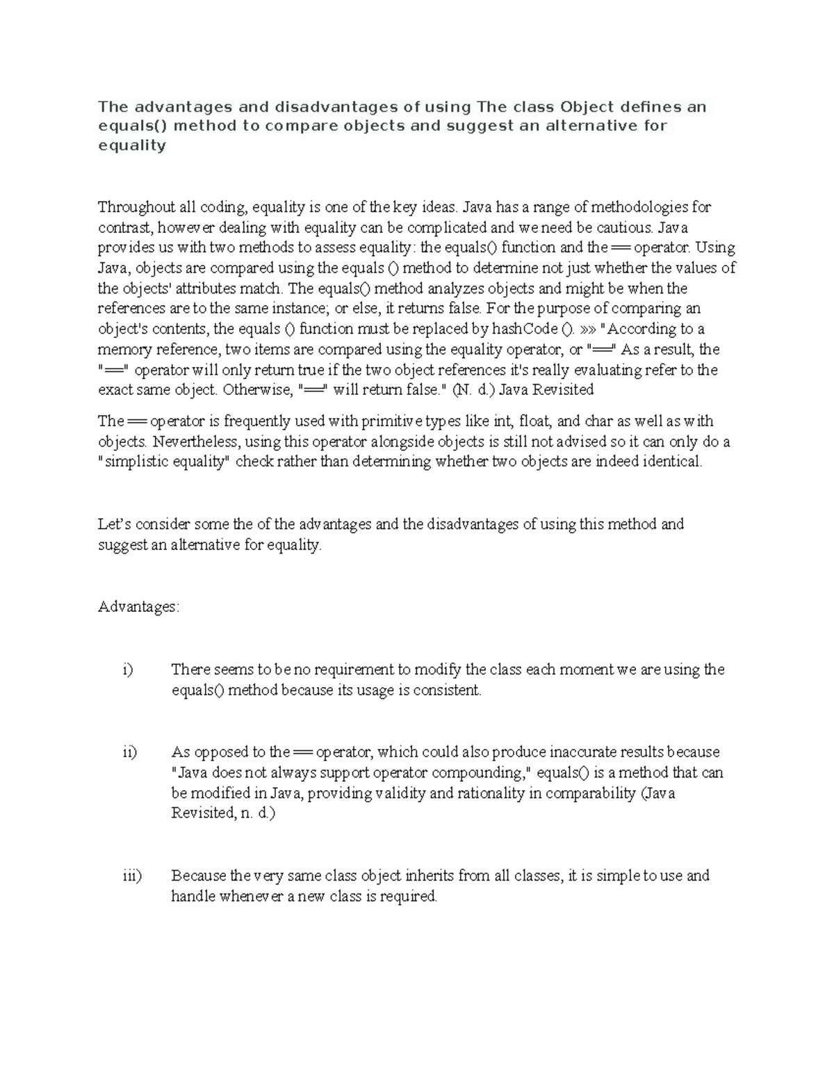 Cs1103 Unit 4 Discussion Assignment The Advantages And Disadvantages Of Using The Class Object