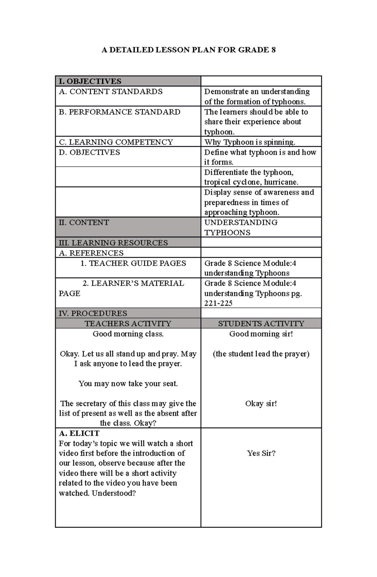A Detailed Lesson PLAN FOR Grade 8 A DETAILED LESSON PLAN FOR GRADE 8