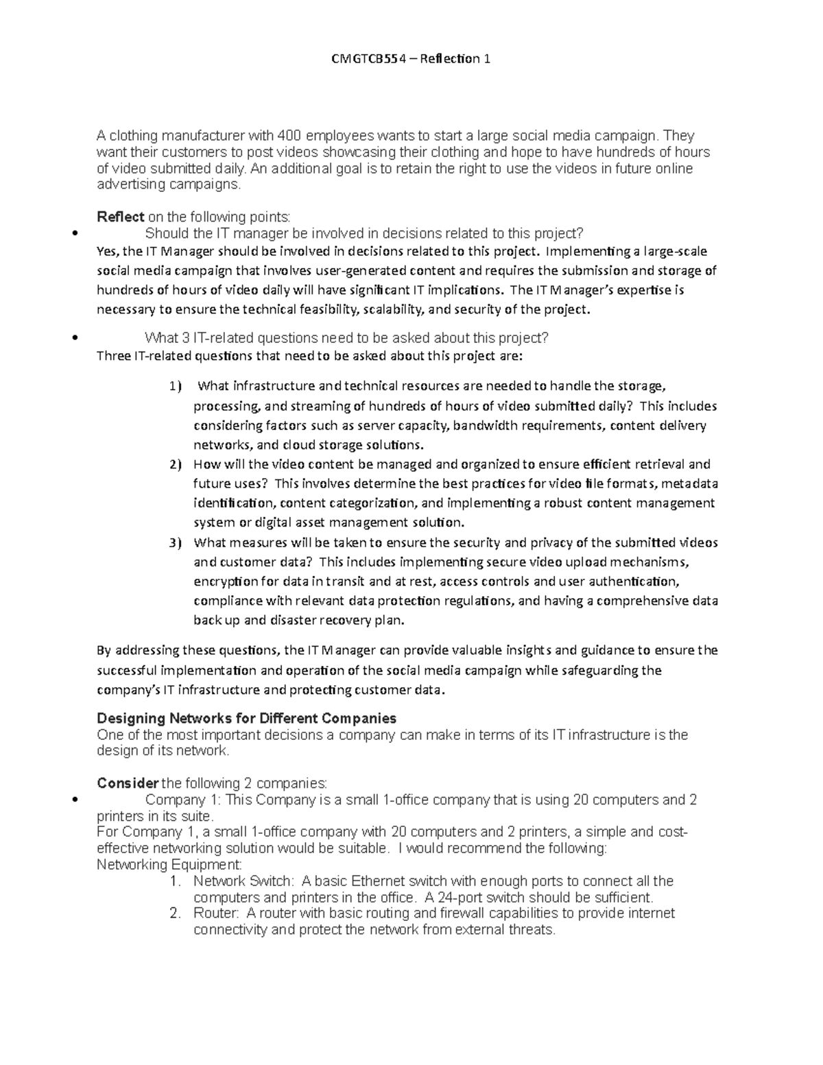 Cmgtcb 554 Reflection 1 - CMGTCB554 – Reflection 1 A clothing manufacturer with 400 employees ...
