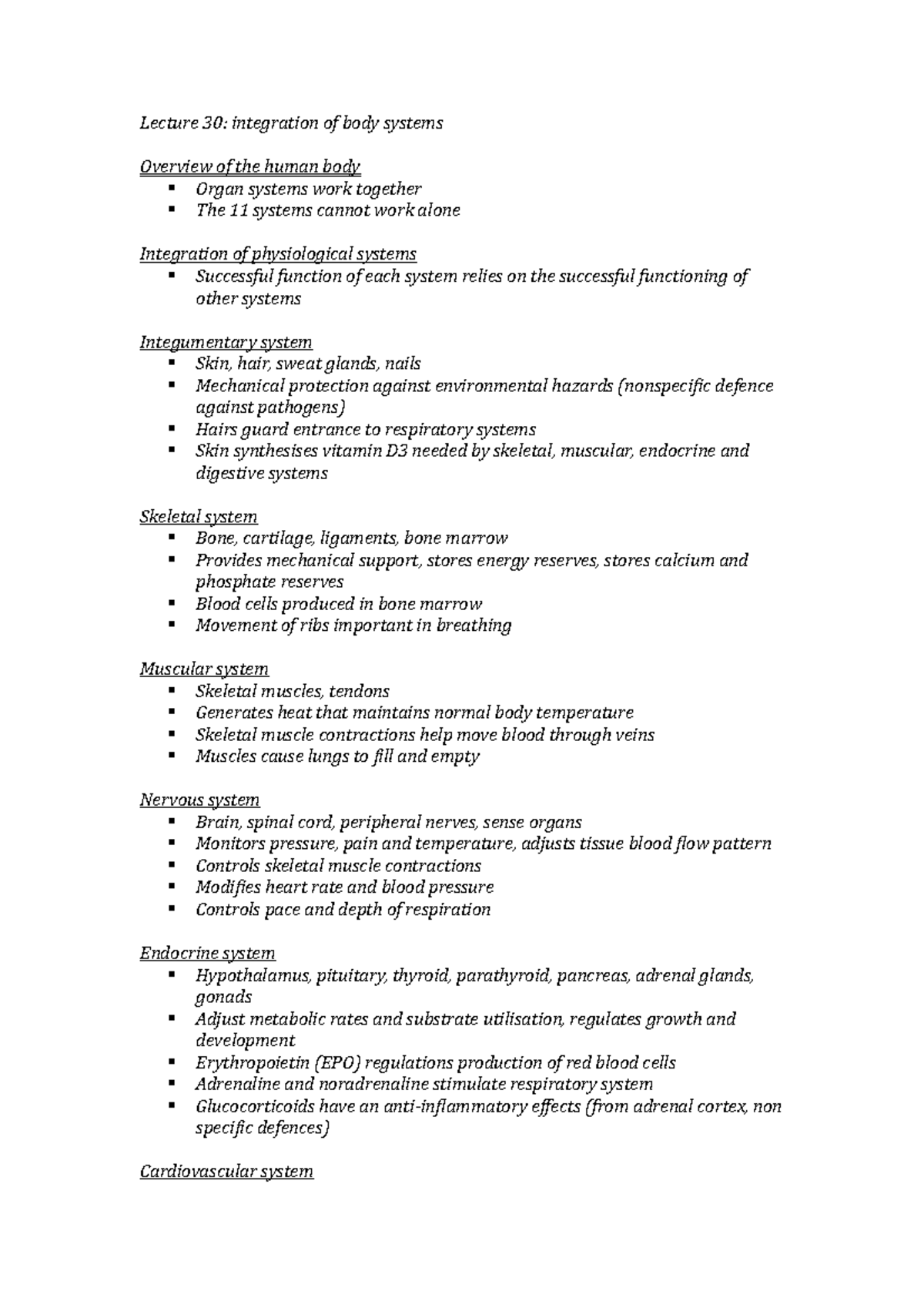 Lecture 30 - Lecture 30: integration of body systems Overview of the ...