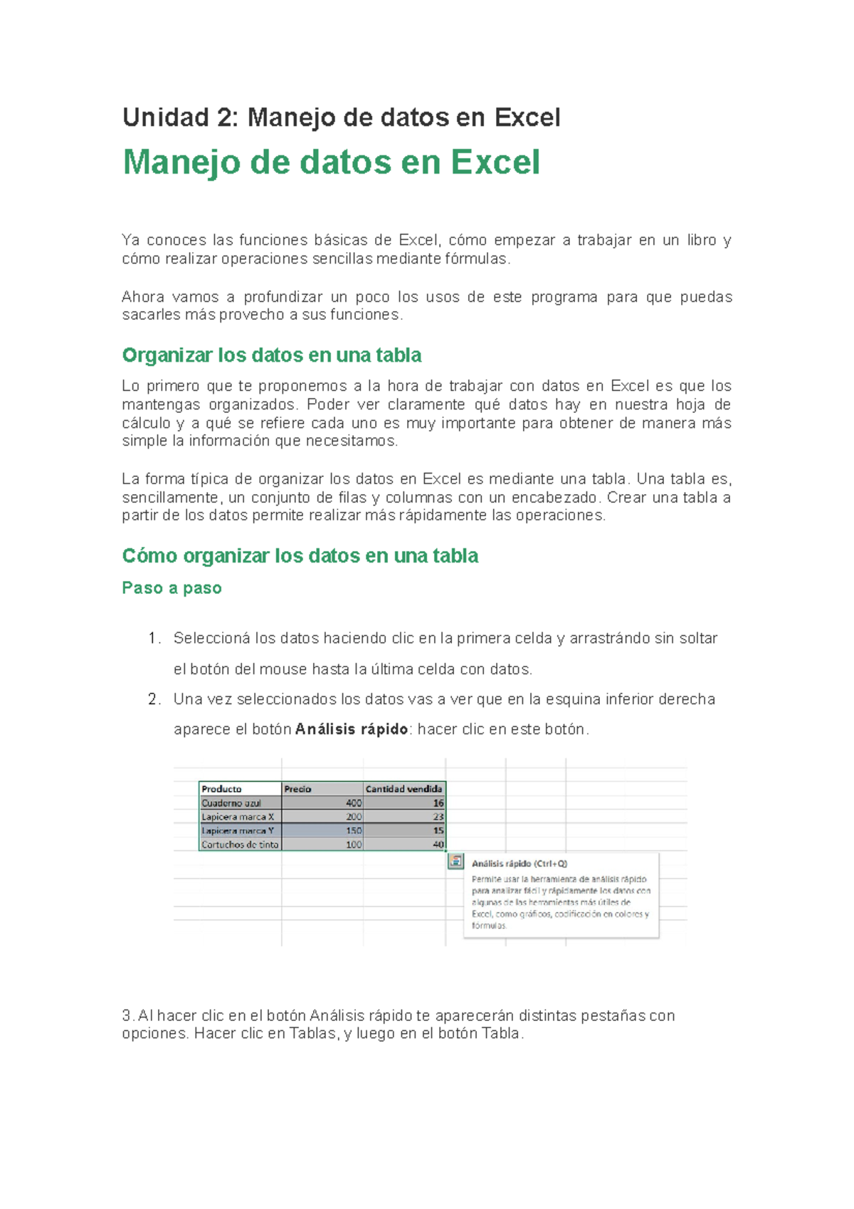 Unidad 2 excel - Unidad 2: Manejo de datos en Excel Manejo de datos en ...