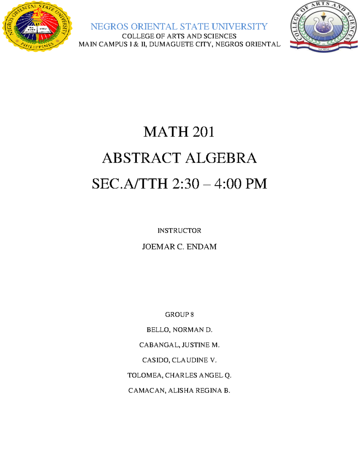 Group 8 MATH 201 Activity 2 - NEGROS ORIENTAL STATE UNIVERSITY COLLEGE ...