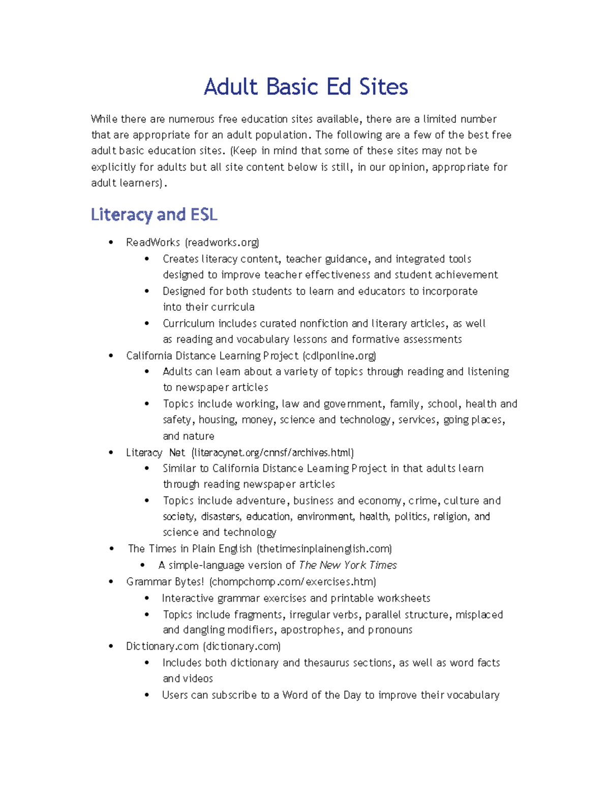 Adult Basic Ed Sites 2018 312 - Adult Basic Ed Sites While there are ...