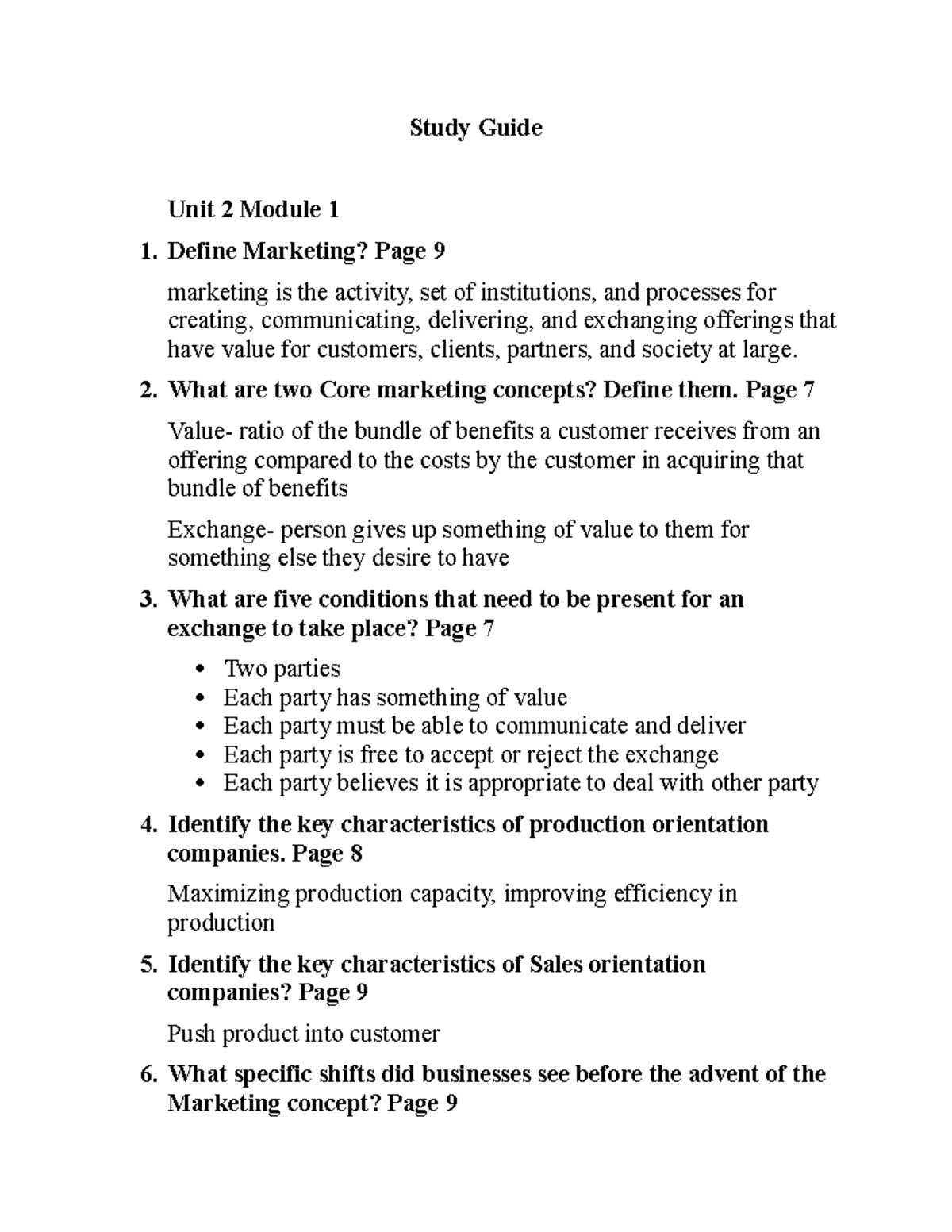 Study Guide - Study Guide Unit 2 Module 1 1. Define Marketing? Page 9 ...