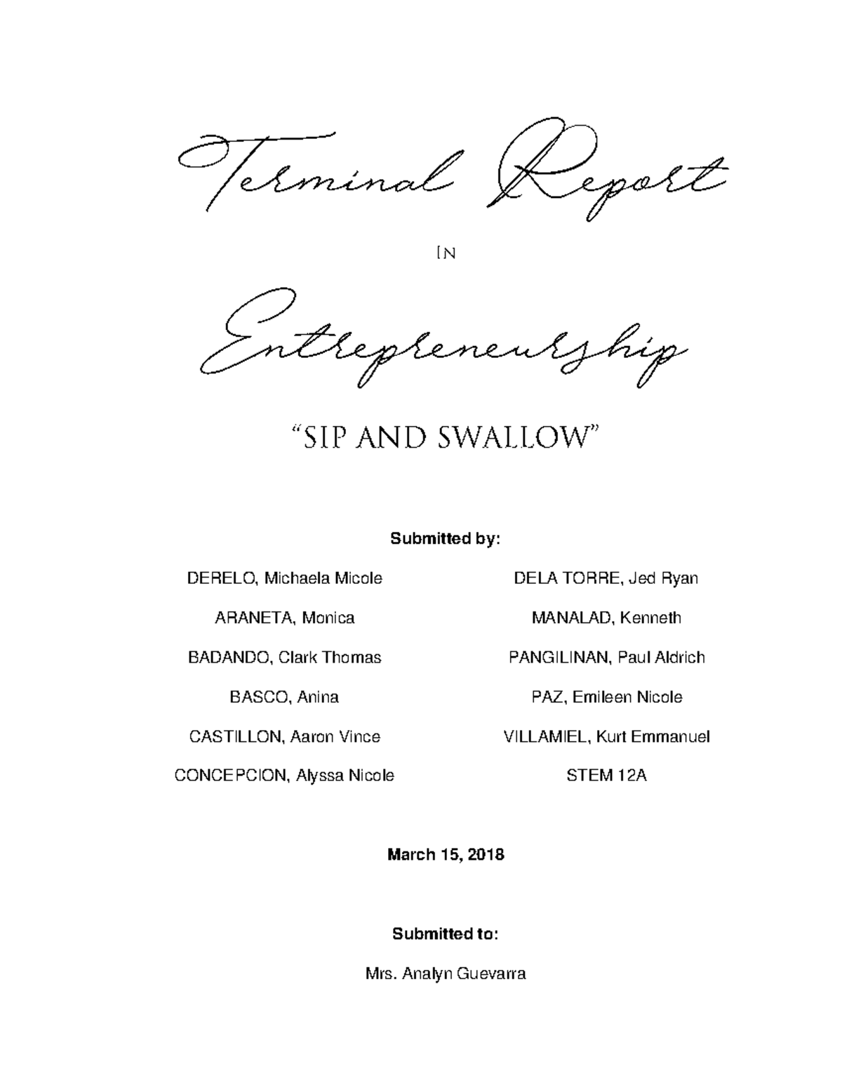 ENT Business Report - Terminal Report Entrepreneurship Submitted by ...