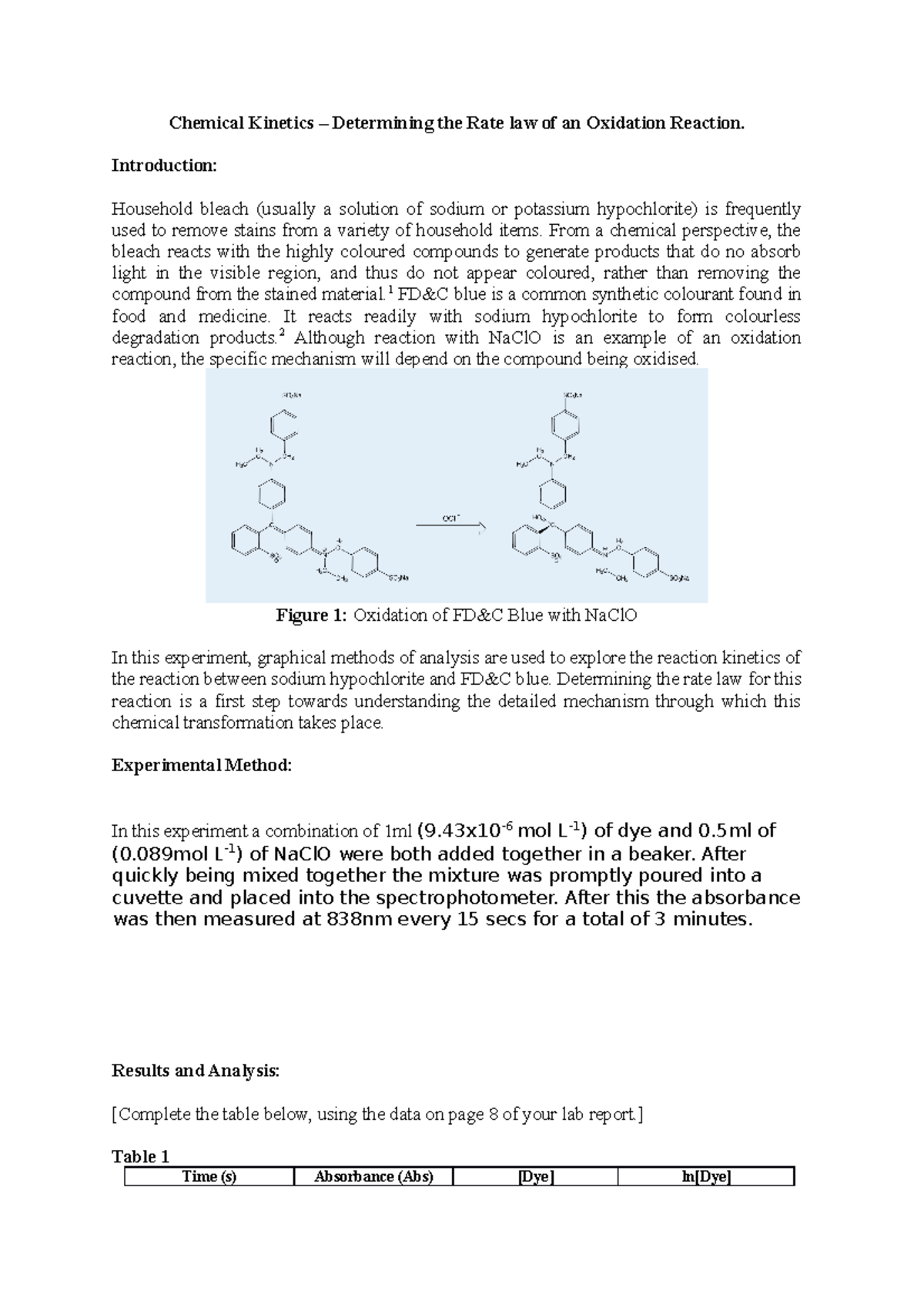 CHEM110 Lab Assignment 2 - Chemical Kinetics – Determining the Rate law ...