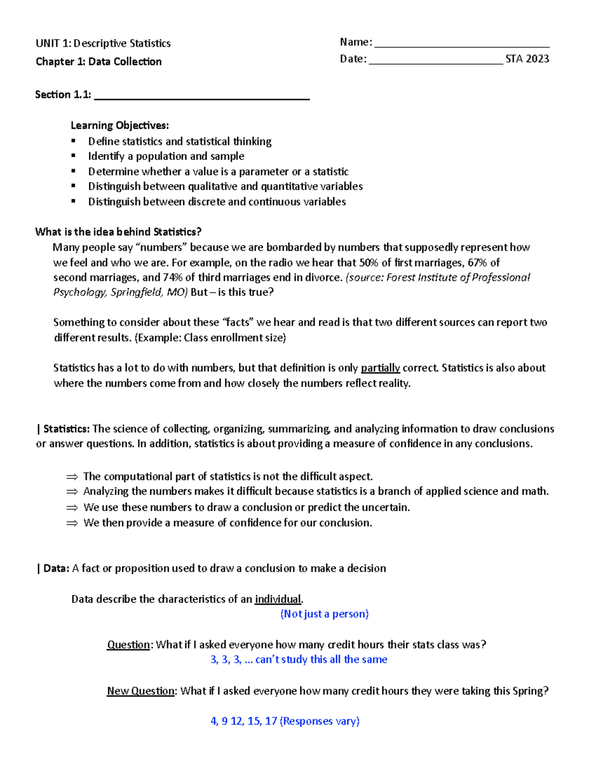 Ch. 1 Notes - UNIT 1: Descriptive Statistics Chapter 1: Data Collection ...