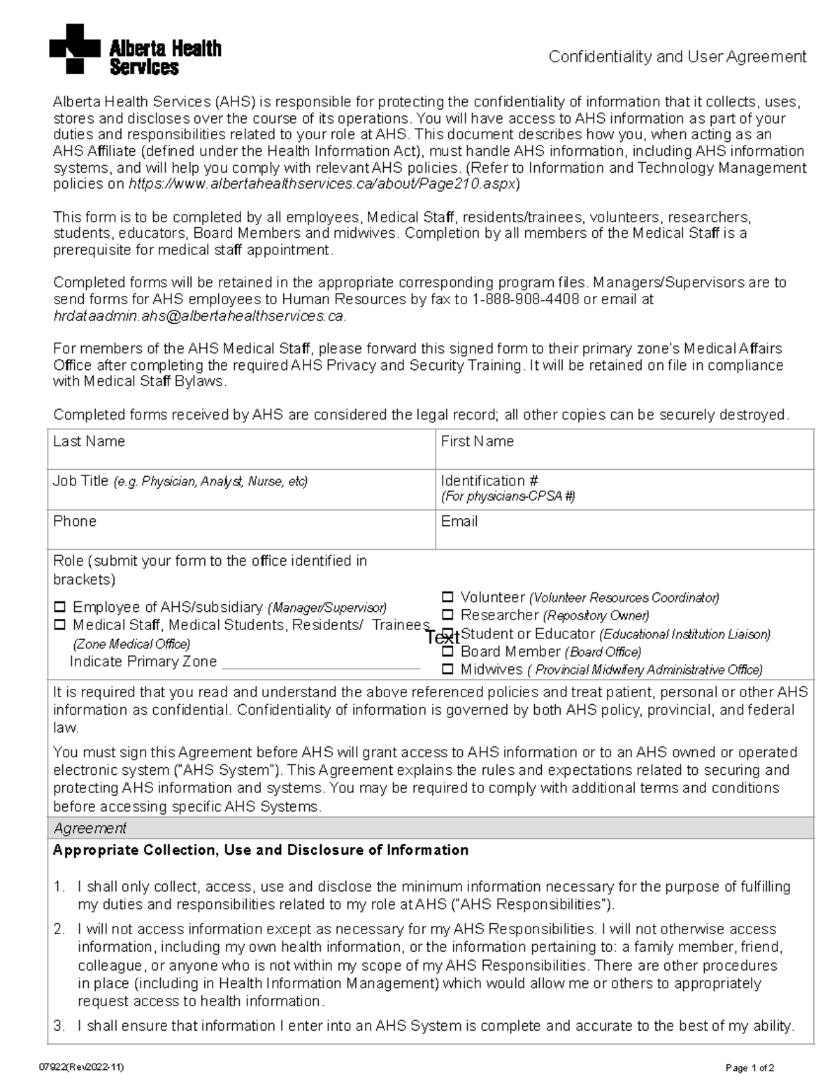AHS Confidentialityand User Agreement 2023 - Confidentiality and User ...