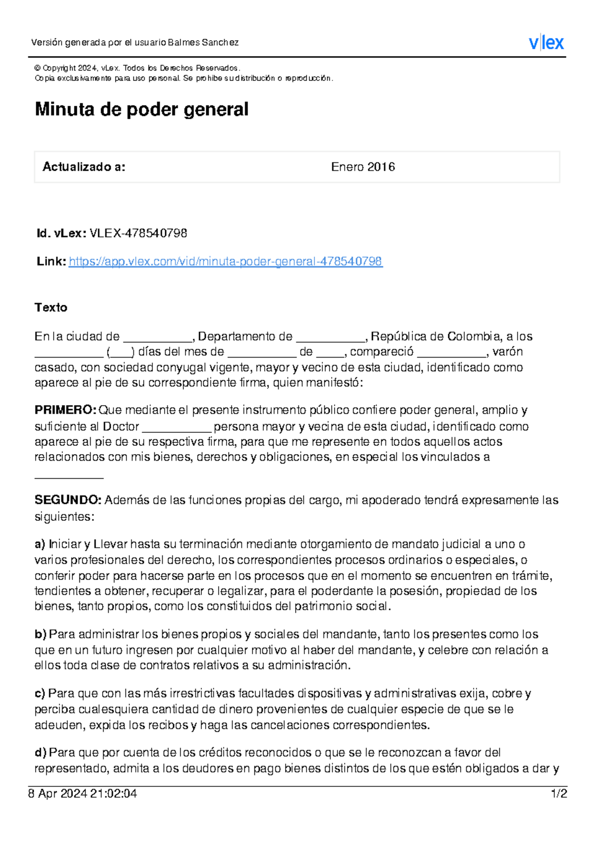Minuta de poder general minutas - © Copyright 2024, vLex. Todos los ...