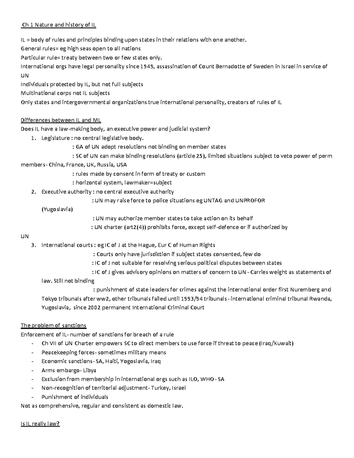 LCP4801-summaries - Ch 1 Nature and history of IL IL = body of rules ...