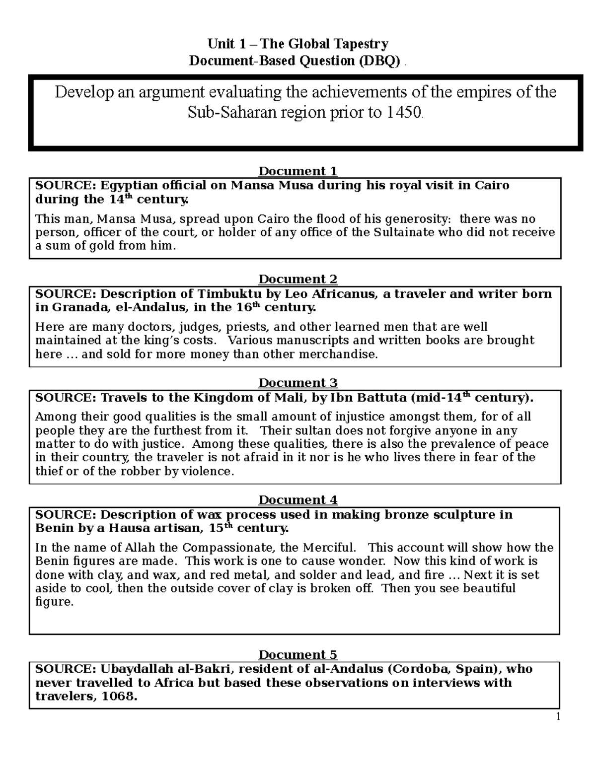Unit 1 - Africa DBQ - ap world - Unit 1 – The Global Tapestry Document ...